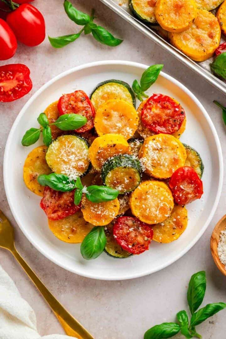 Baked Zucchini, Squash, and Tomatoes with Garlic Parmesan Flavor