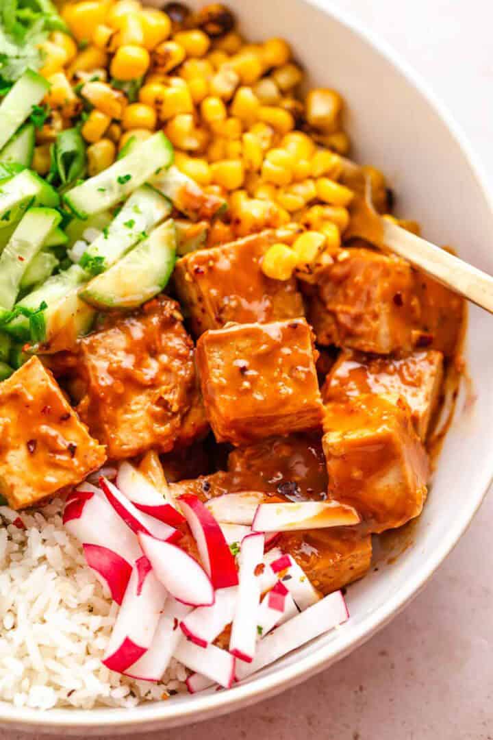 Crispy Tofu Bowls With Creamy Peanut Sauce